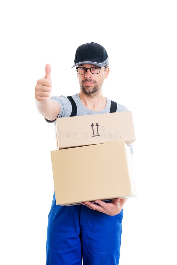Friendly Postman with Parcels and Thumb Up Stock Image - Image of ...