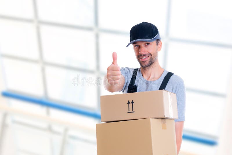 Friendly Postman with Parcels and Thumb Up Stock Image - Image of ...
