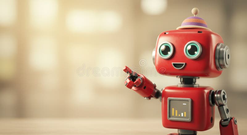 Friendly Red Robot Pointing on Wooden Surface Stock Illustration ...