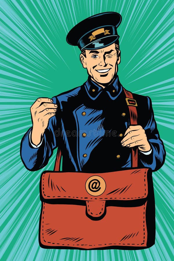 Friendly Retro Postman in Blue Uniform with Bag Stock Vector ...
