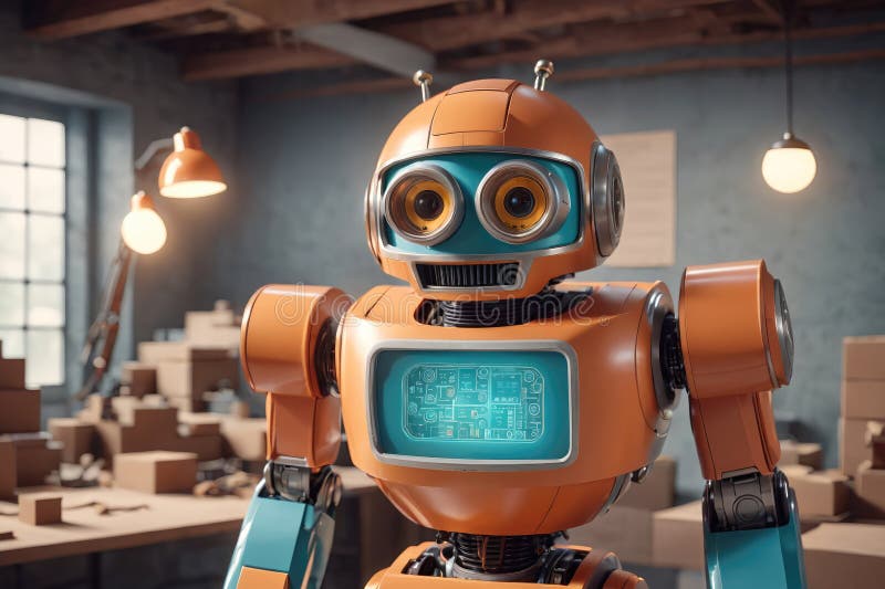 Friendly Retro Robot Standing in a Workshop Surrounded by Cardboard ...