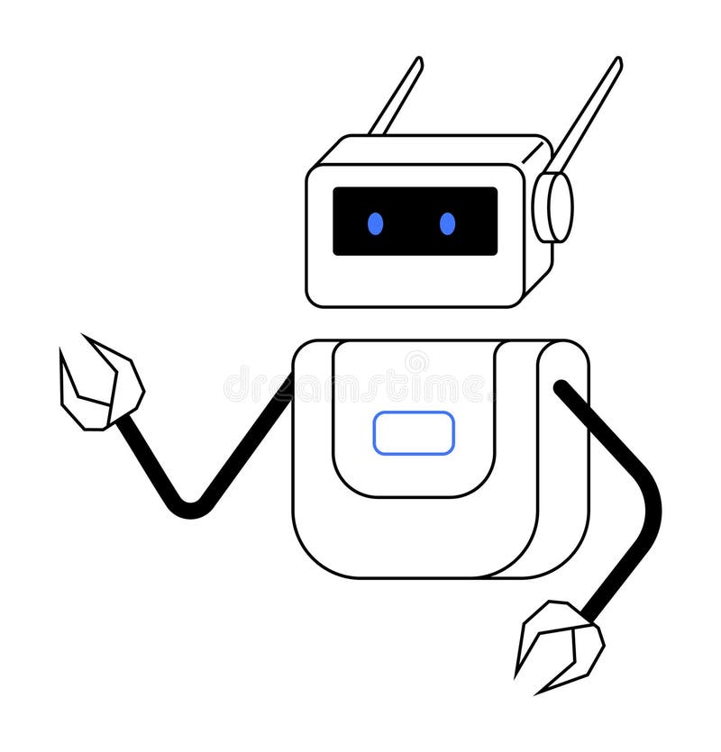 Friendly Robot with Antennas and Claw Hands on White Background Stock ...