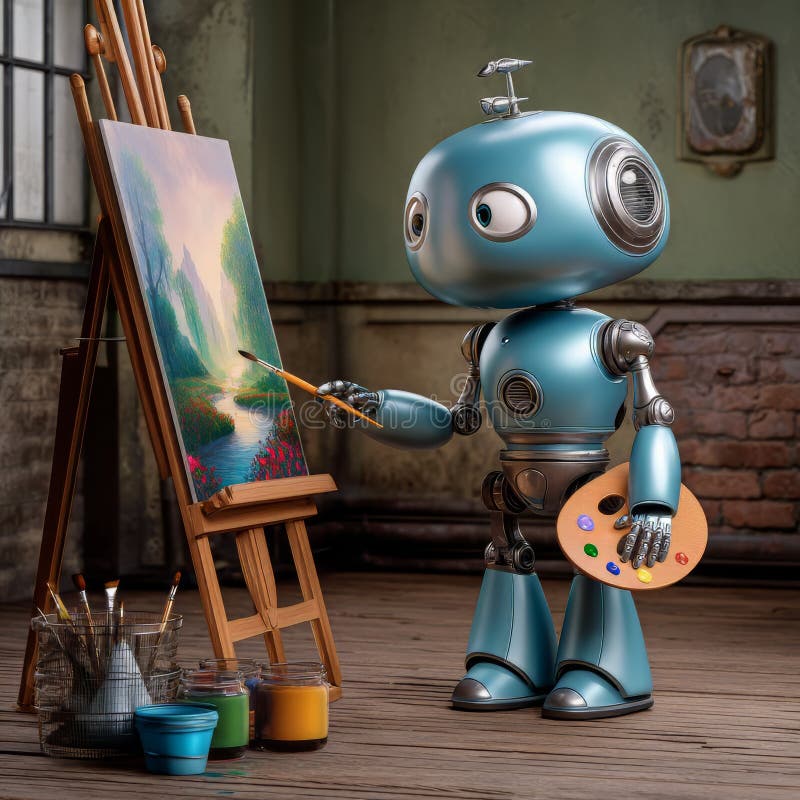 A Friendly Robot Artist Creating Vibrant Masterpieces in a Bright ...