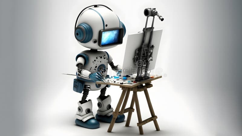 Friendly Robot Artist in the Studio Next To His Easel, Painting and ... Friendly Robot Artist in the Studio Next To His Easel, Painting and ...