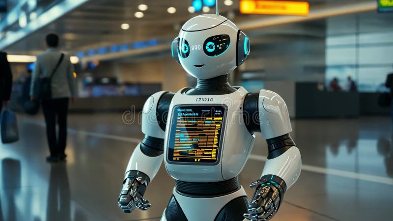 Friendly Robot Assistant in Airport Terminal with Digital Display ...