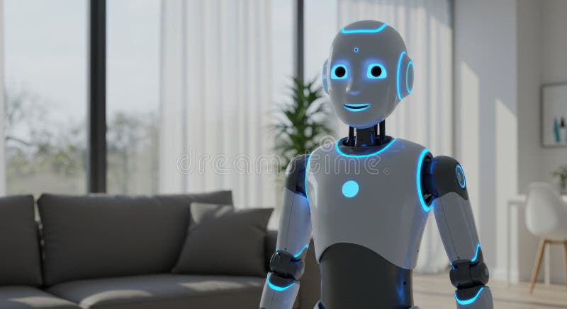 Friendly Robot with Blue Neon Accents in Modern Living Room Setting ...