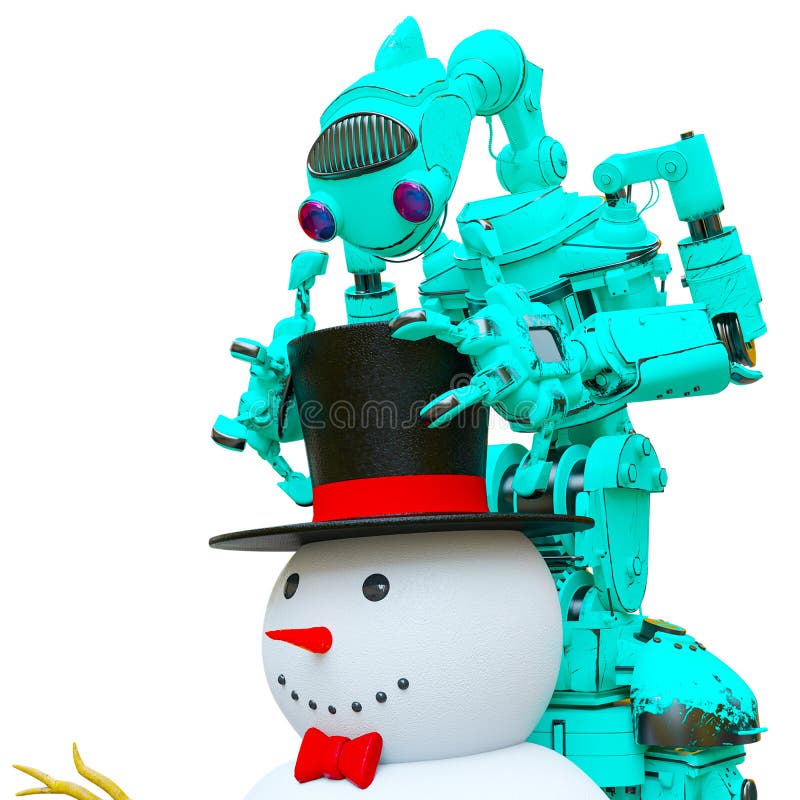 Friendly Robot is Building a Snow Man in White Background Close Up ...