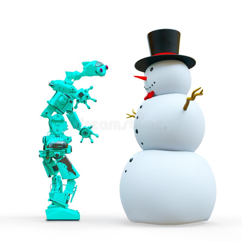 Friendly Robot is Building a Snow Man in White Background Stock ...
