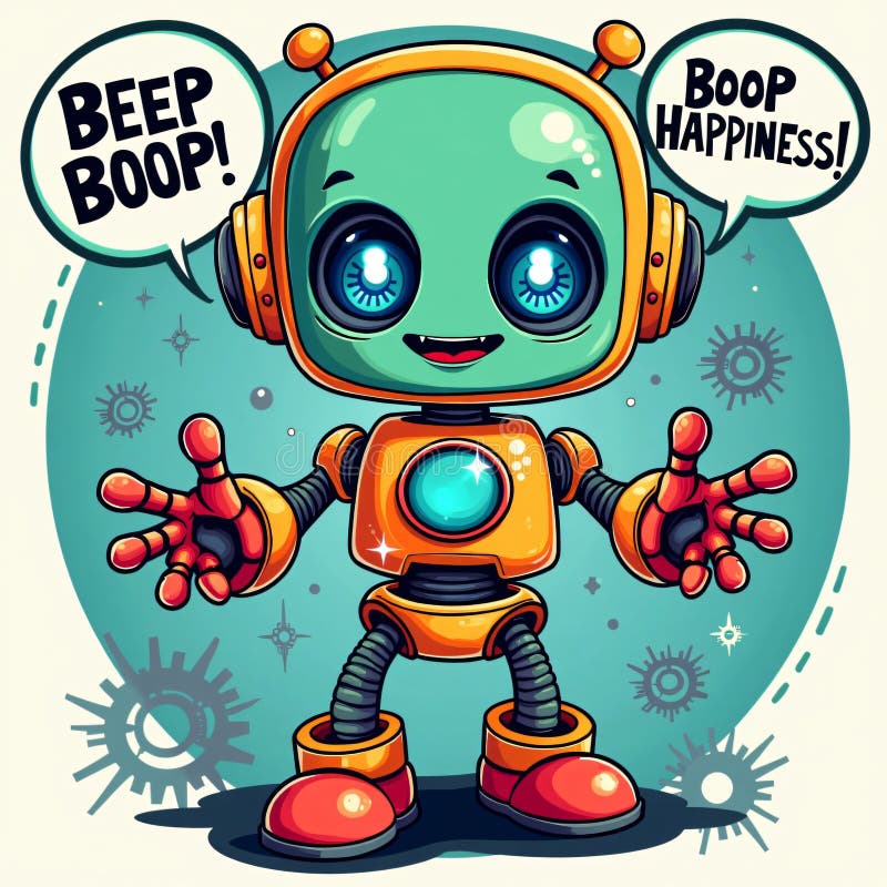 Friendly Robot Character Design with Speech Bubbles Stock Illustration ...