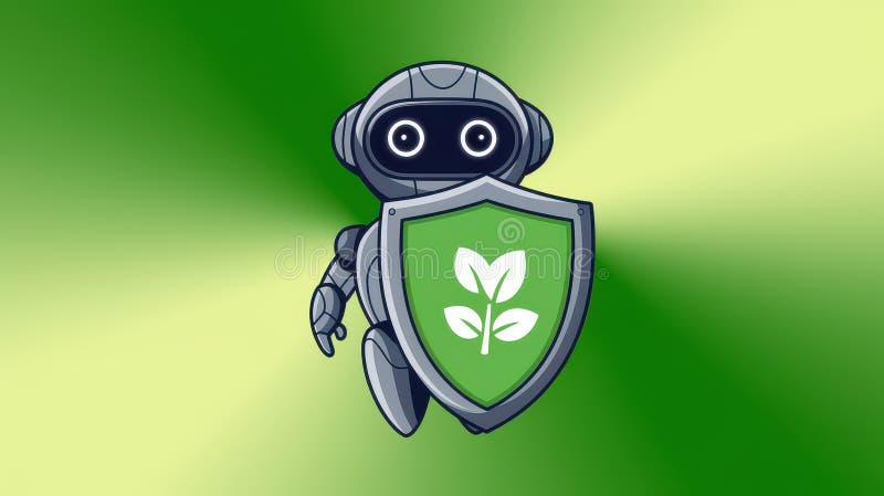 A Friendly Robot Character Holding a Green Shield with a Plant Symbol ...