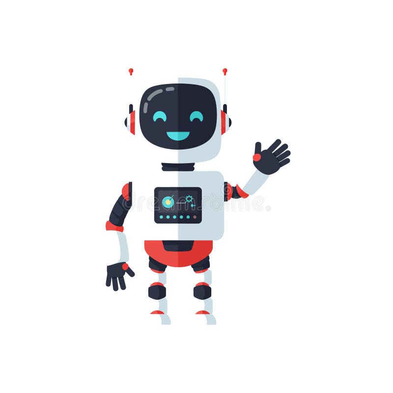 Friendly Robot Character Waving in Flat Minimal Vector Illustration ...