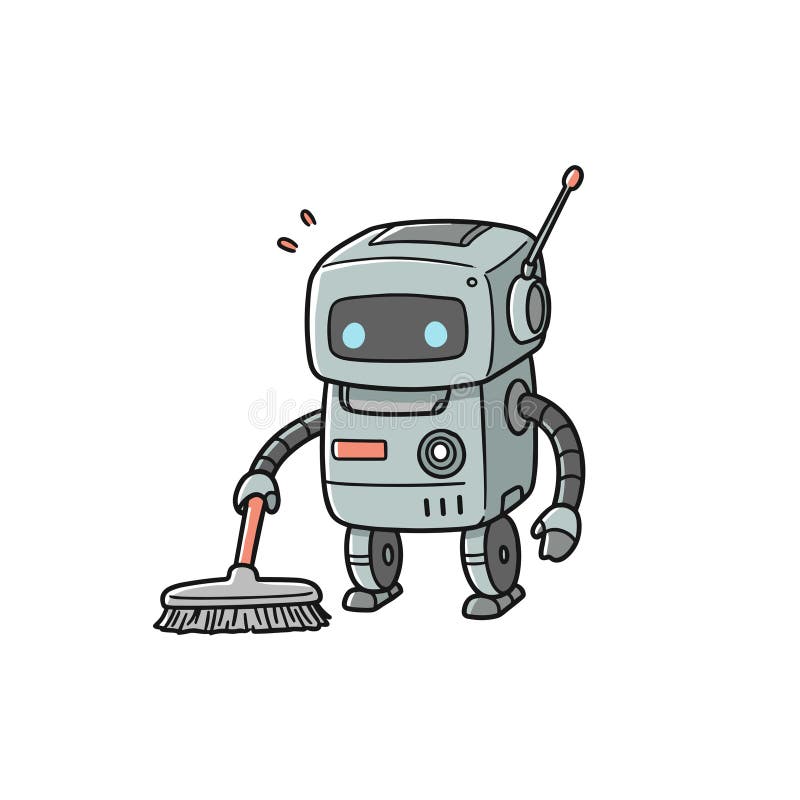 Friendly Robot Cleaning with a Broom in a Cartoon Style Stock Photo ...