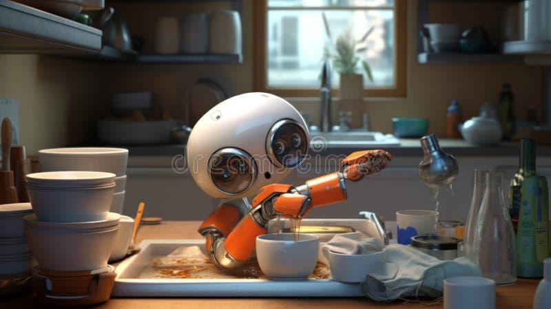 A Friendly Robot Cleaning Up after Mealtime, Standing at a Cluttered ...
