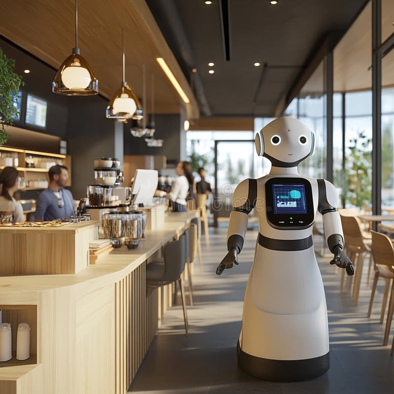 Robot Assistant Serving Customers in Modern Cafe with a Contemporary ...