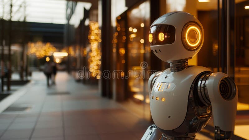 Friendly Robot Exploring a Modern City Street Stock Illustration ...