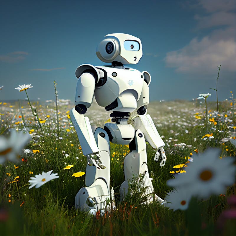 A Friendly Robot in a Flowering Glade. AI Generated Stock Illustration ...