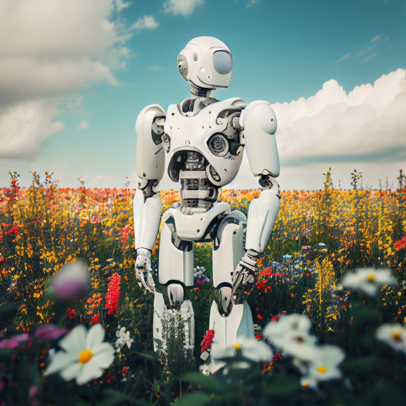 A Friendly Robot in a Flowering Glade. AI Generated Stock Illustration ...