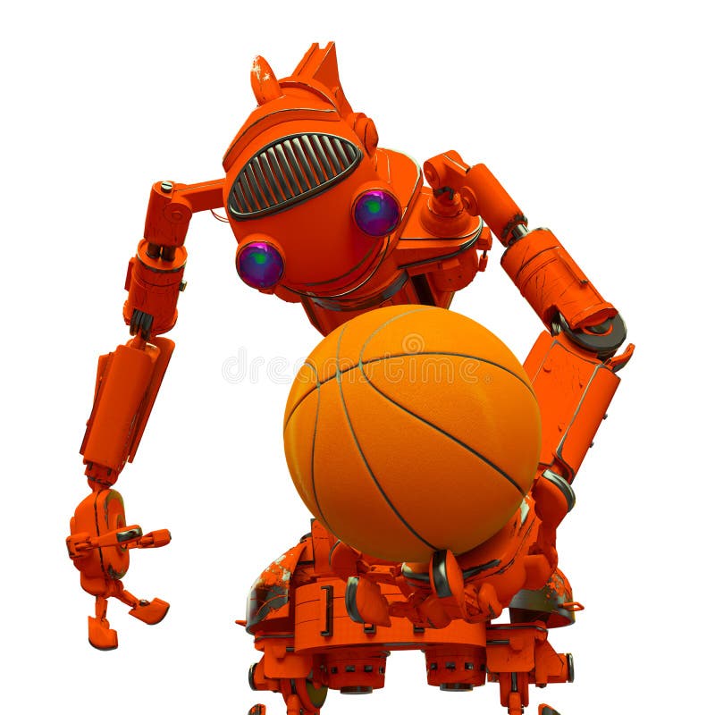 Friendly Robot is Holding a Basketball Ball in White Background Stock ...