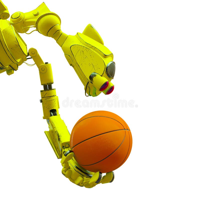 Friendly Robot is Holding a Basketball Ball in White Background Side ... Friendly Robot is Holding a Basketball Ball in White Background Side ...