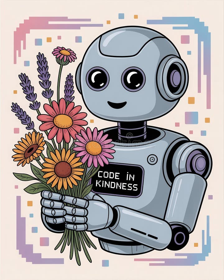 A Friendly Robot Holding Flowers with the Words Code in Kindness Expressing Ai Compassion and ...