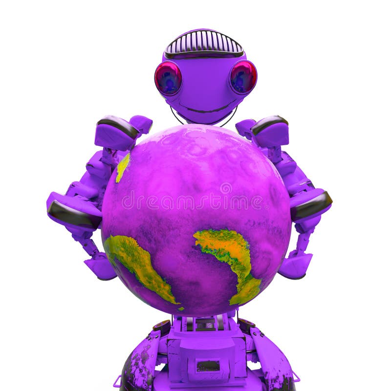 Robot Keeps the Earth. Planet in Hands at High Technology. Conceptual ...