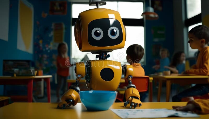 Friendly Robot Interacting with Children Stock Photo - Image of ...
