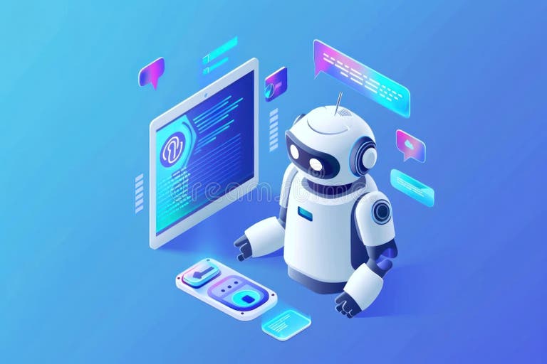 A Friendly Robot Interacts with Digital Interfaces and Futuristic ...