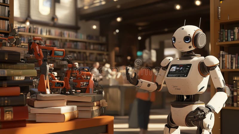 A Friendly Robot Interacts with Visitors in a Modern Library Filled ...