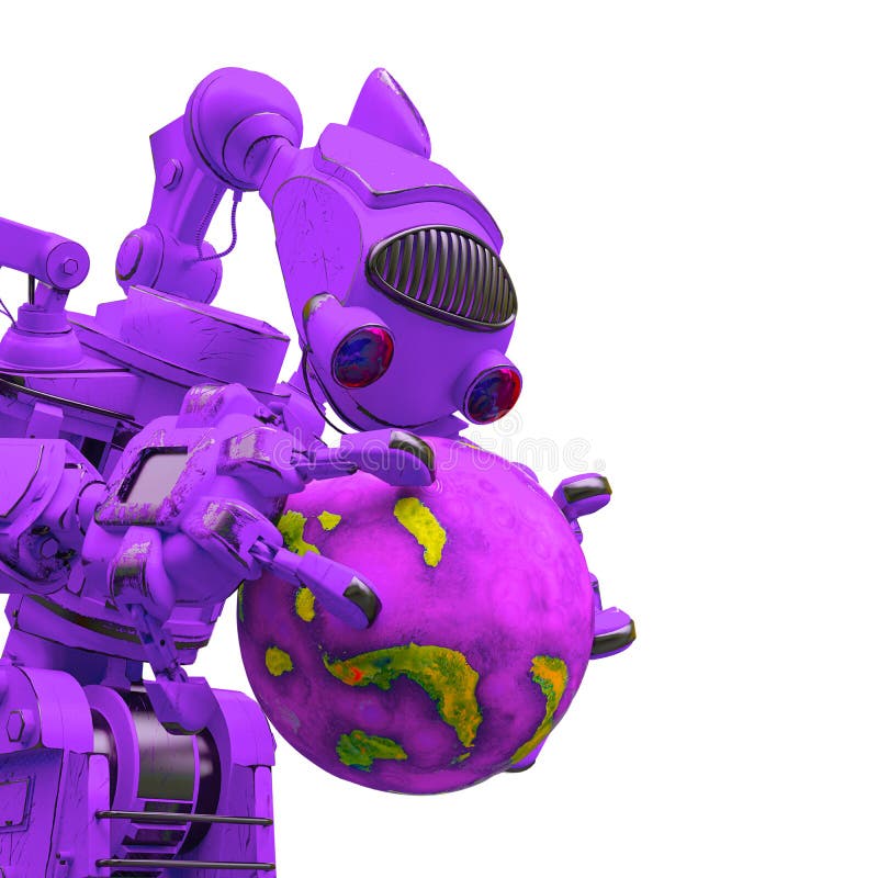 Robot Keeps the Earth. Planet in Hands at High Technology. Conceptual ...