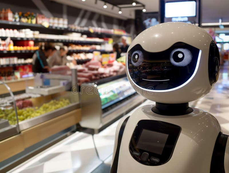 Friendly Robot in Modern Supermarket Stock Illustration - Illustration ...