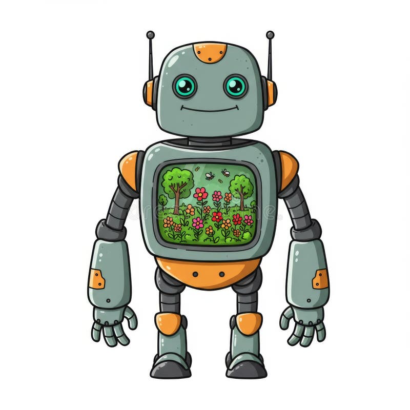 Friendly Robot with Nature Scene Display Stock Illustration ...