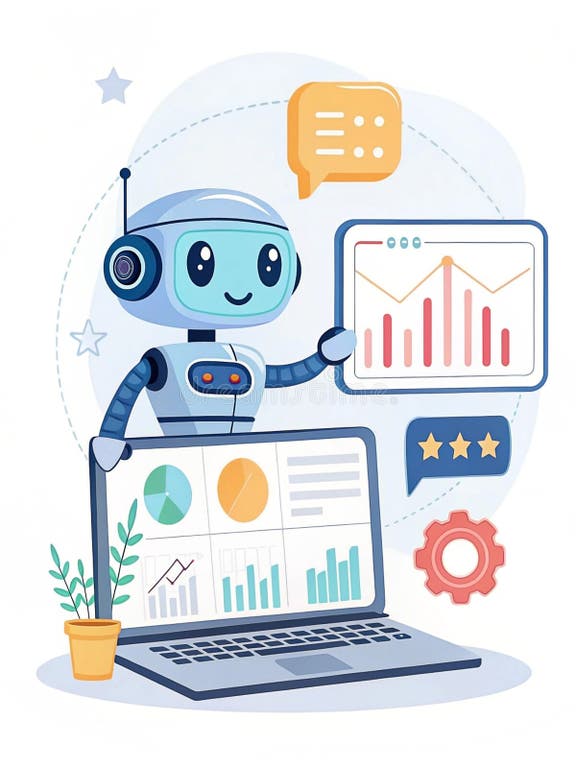 Friendly Robot Presenting Data Analytics on Laptop Screen Stock Image ...