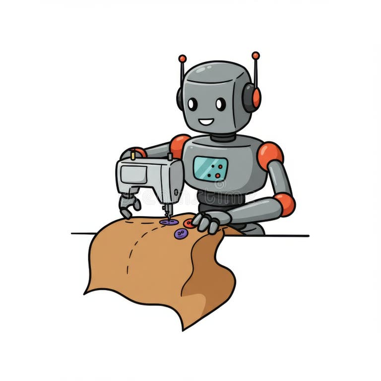 Friendly Robot Sewing Fabric with Buttons Stock Illustration ...