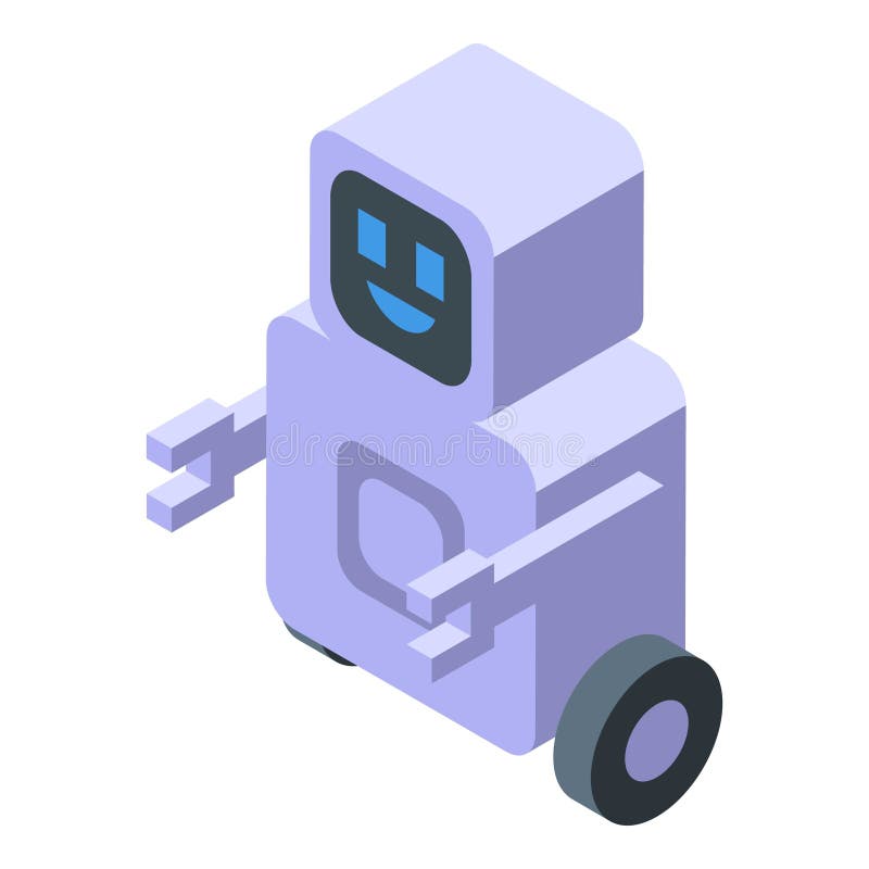 Friendly Robot with Square Head and One Wheel Smiling Isometrically ...