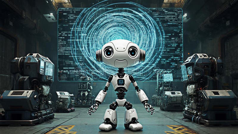 Friendly Robot Standing in a Futuristic Industrial Setting with Glowing ...