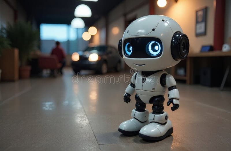 A Friendly Robot Stands in a Well-lit Hallway, Engaging with Visitors ...