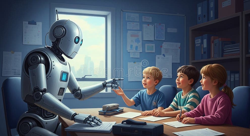 Friendly Robot Teacher Engaging with Curious Young Students in a Bright ...