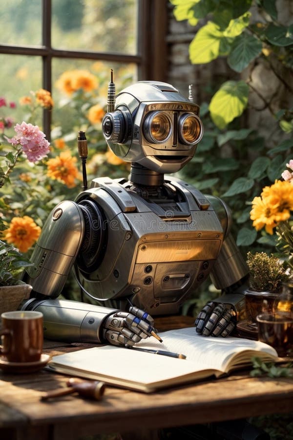 A Friendly Robot Tries To Write on a Book Stock Image - Image of paper ...