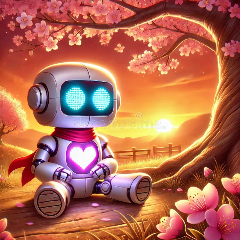 Friendly Robot Under a Pink Blossom Tree Stock Illustration ...