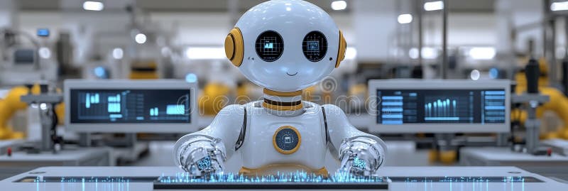 Friendly Robot Using Digital Interface in Tech Hub Stock Illustration ...
