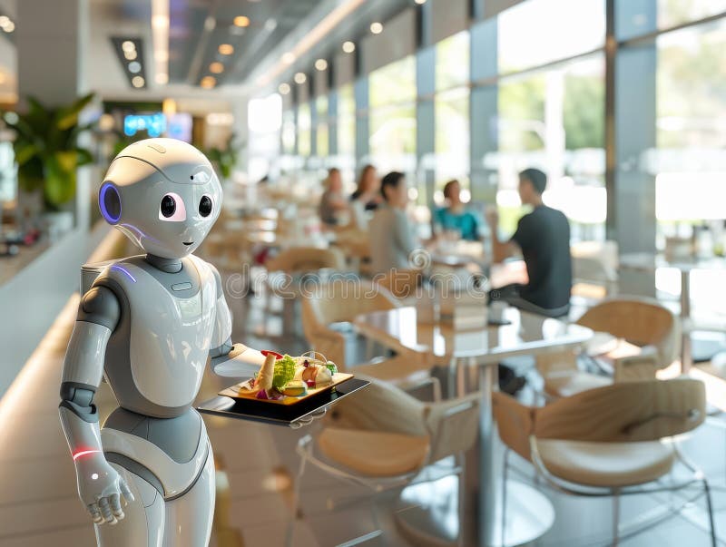 Friendly Robot Waiter Serving Food in a Modern Cafe Stock Image - Image ...