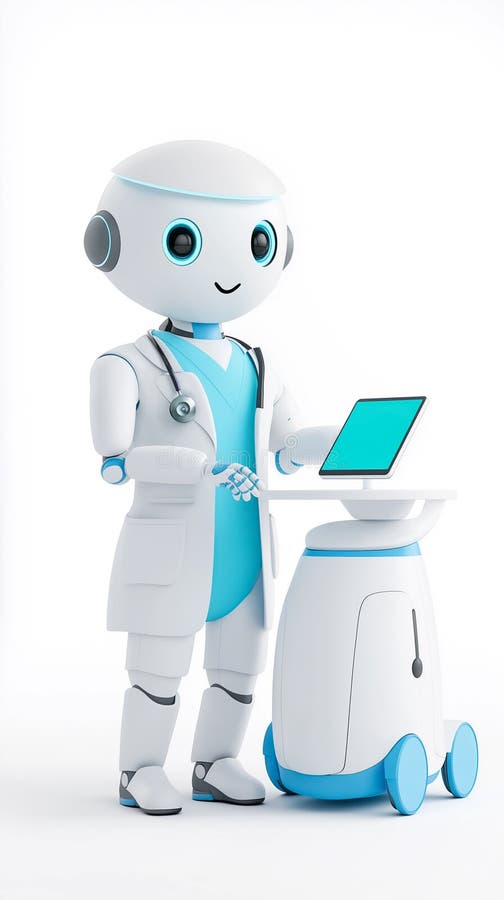 Friendly Robot Wearing Lab Coat and Stethoscope Engages with Tablet ...