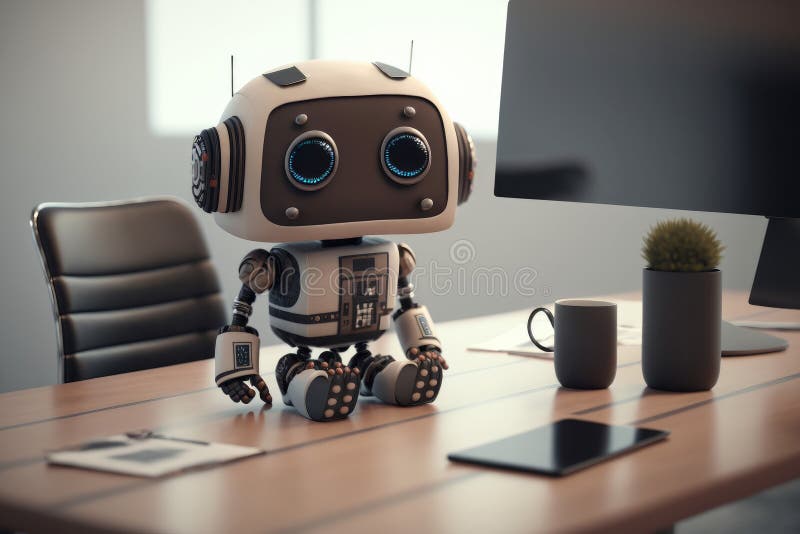A Friendly Robot Working in a Modern Office at a Desk. Ai Artificial ...