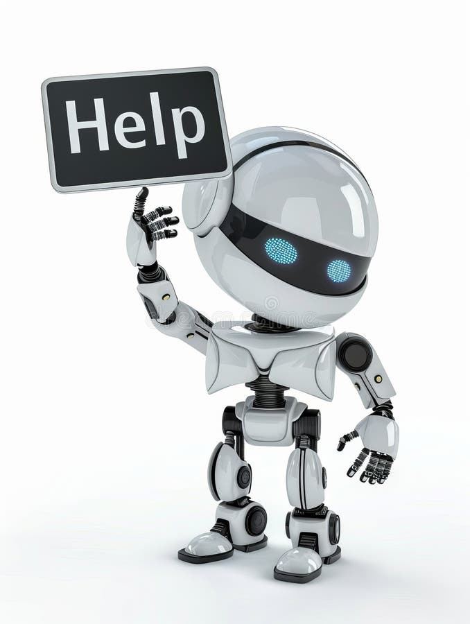 Friendly Robotic Helper Displaying a Help Black Message, Offering User ...