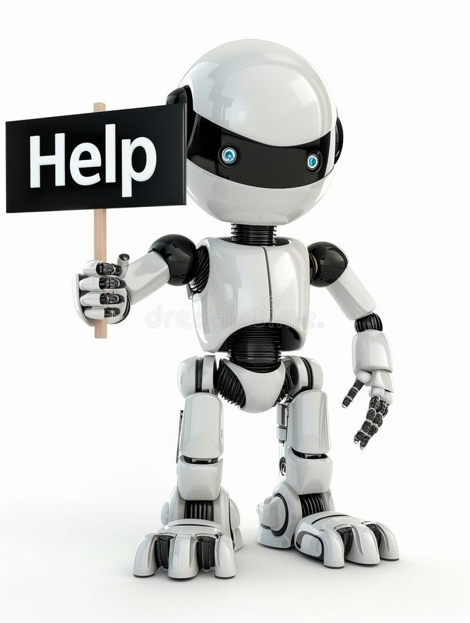 Friendly Robotic Helper Displaying a Help Black Message, Offering User ...