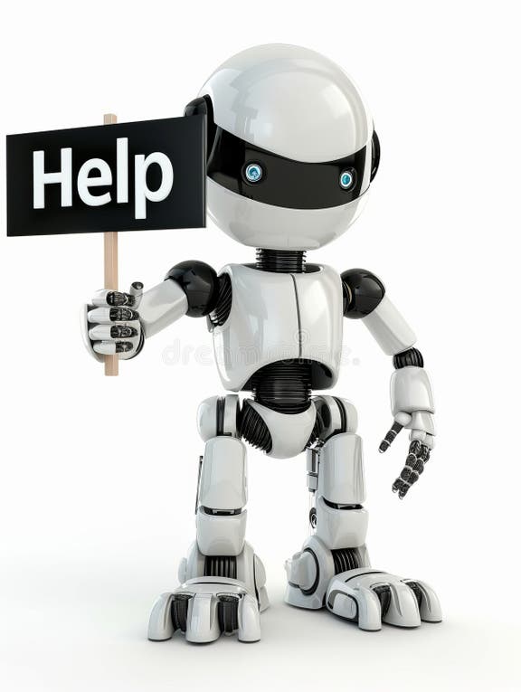 Friendly Robotic Helper Displaying a Help Black Message, Offering User ...