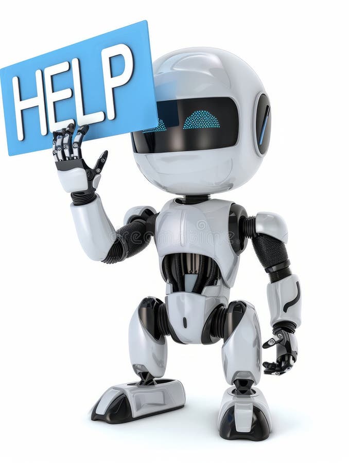 Friendly Robotic Helper Displaying a Help Blue Message, Offering User ...