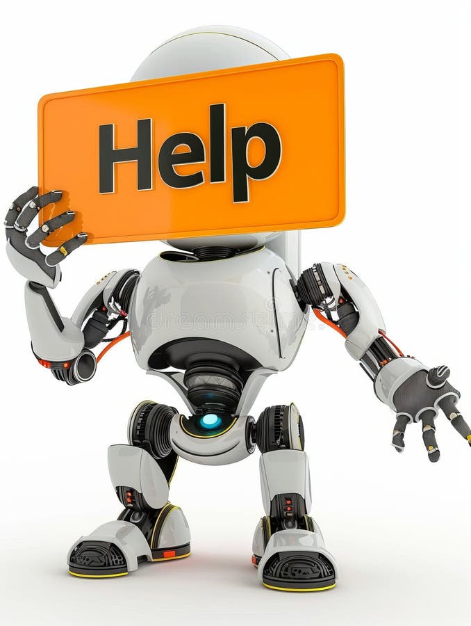 Friendly Robotic Helper Displaying a Help Orange Message, Offering User ...