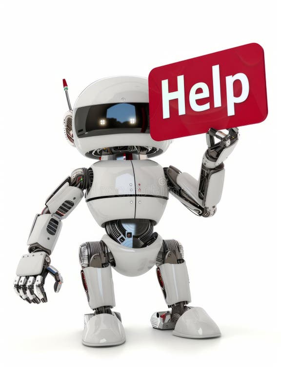Friendly Robotic Helper Displaying a Help Red Message, Offering User ...