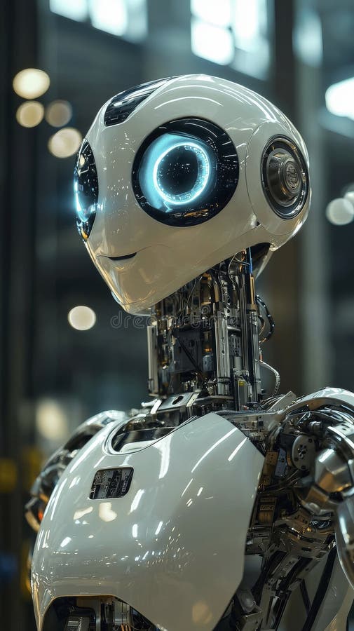 Friendly Robotic Humanoid with Bright Eyes in Lab Stock Illustration ...